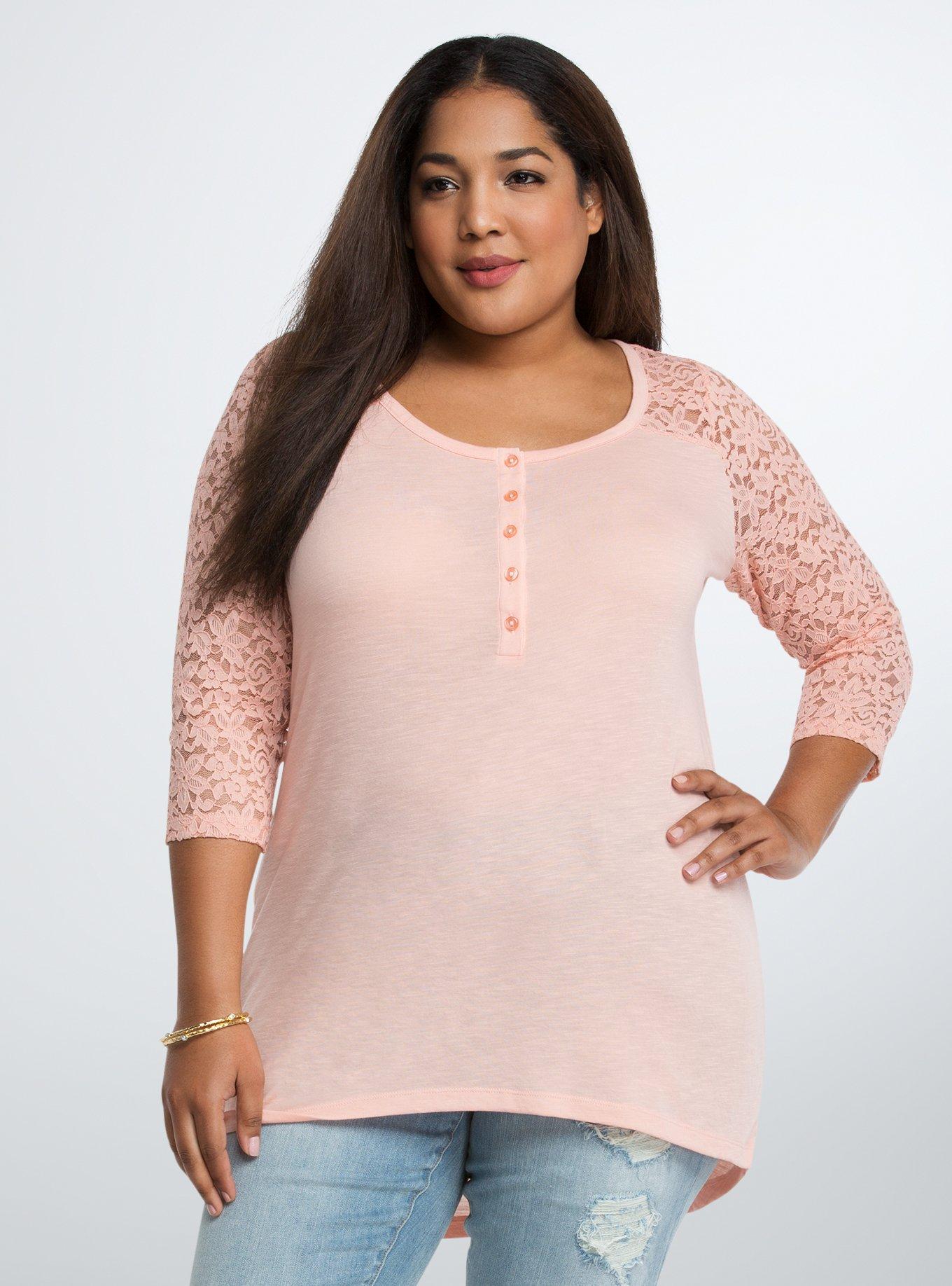 Plus Size - Lace Inset Henley Tee - Torrid
