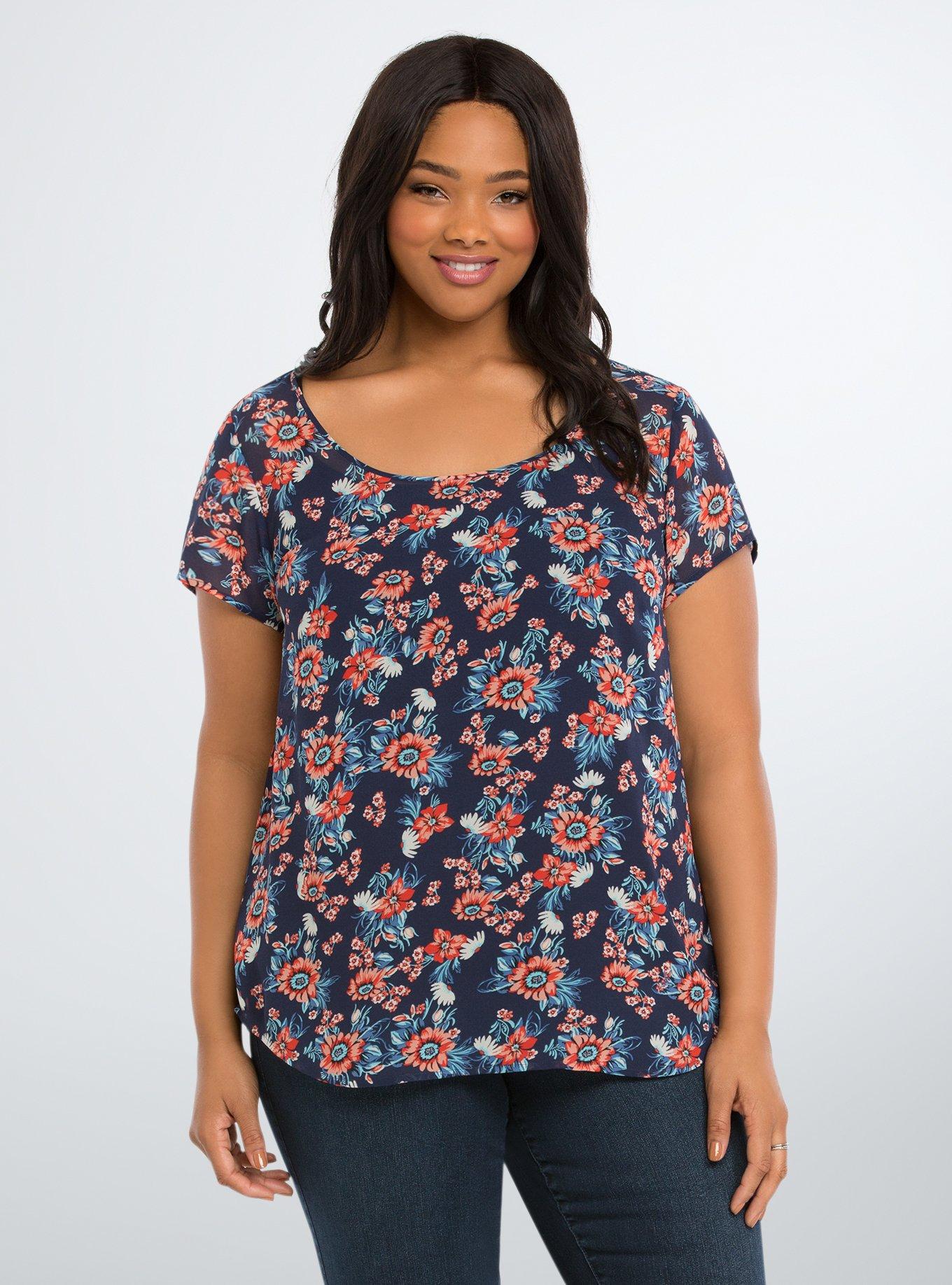 Plus Size - Floral Chiffon Drape Back Top - Torrid