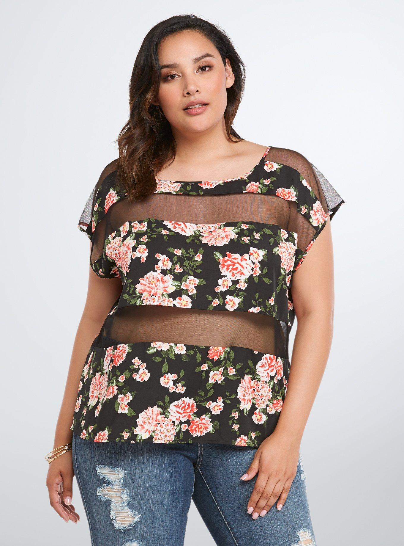 Plus Size - Floral Mesh Panel Top - Torrid