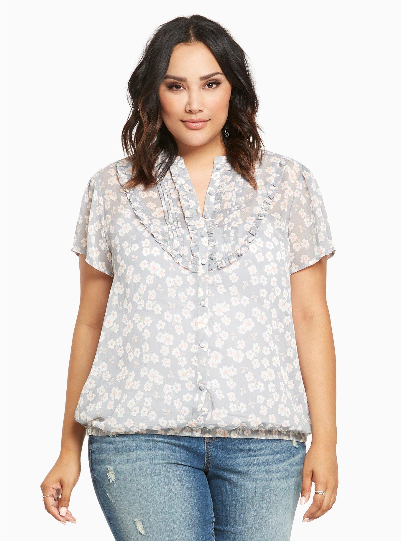 Plus Size - Floral Print Chiffon Ruffle Banded Bottom Top - Torrid