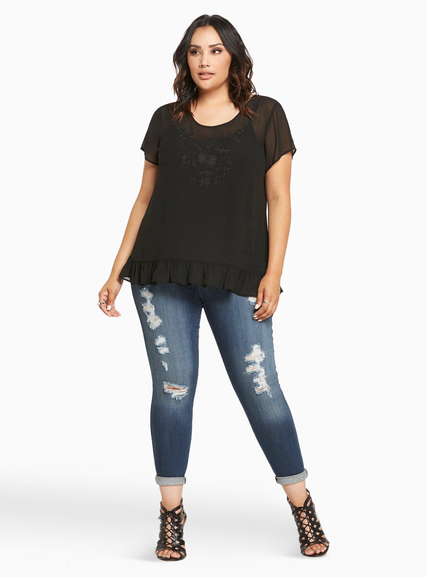 Plus Size - Embroidered Chiffon Ruffle Hem Top - Torrid