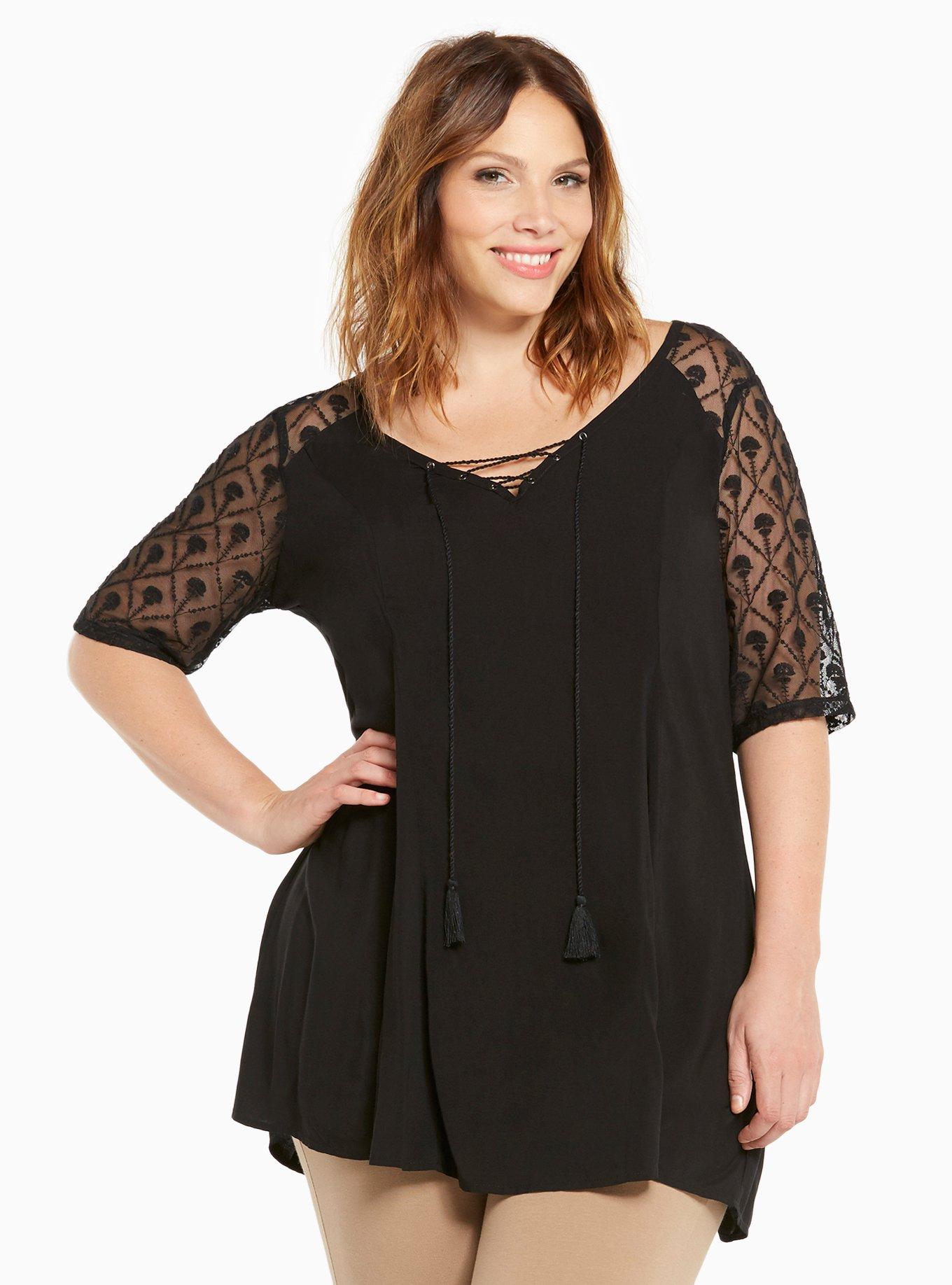 Plus Size - Lace Up Front Lace Challis Tunic - Torrid
