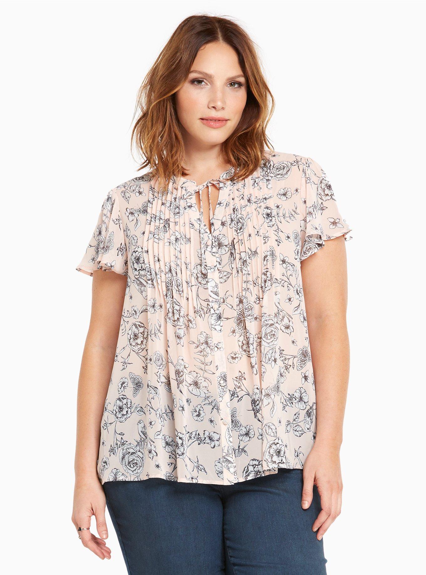 Plus Size - Floral Print Pleated Chiffon Tie Front Top - Torrid
