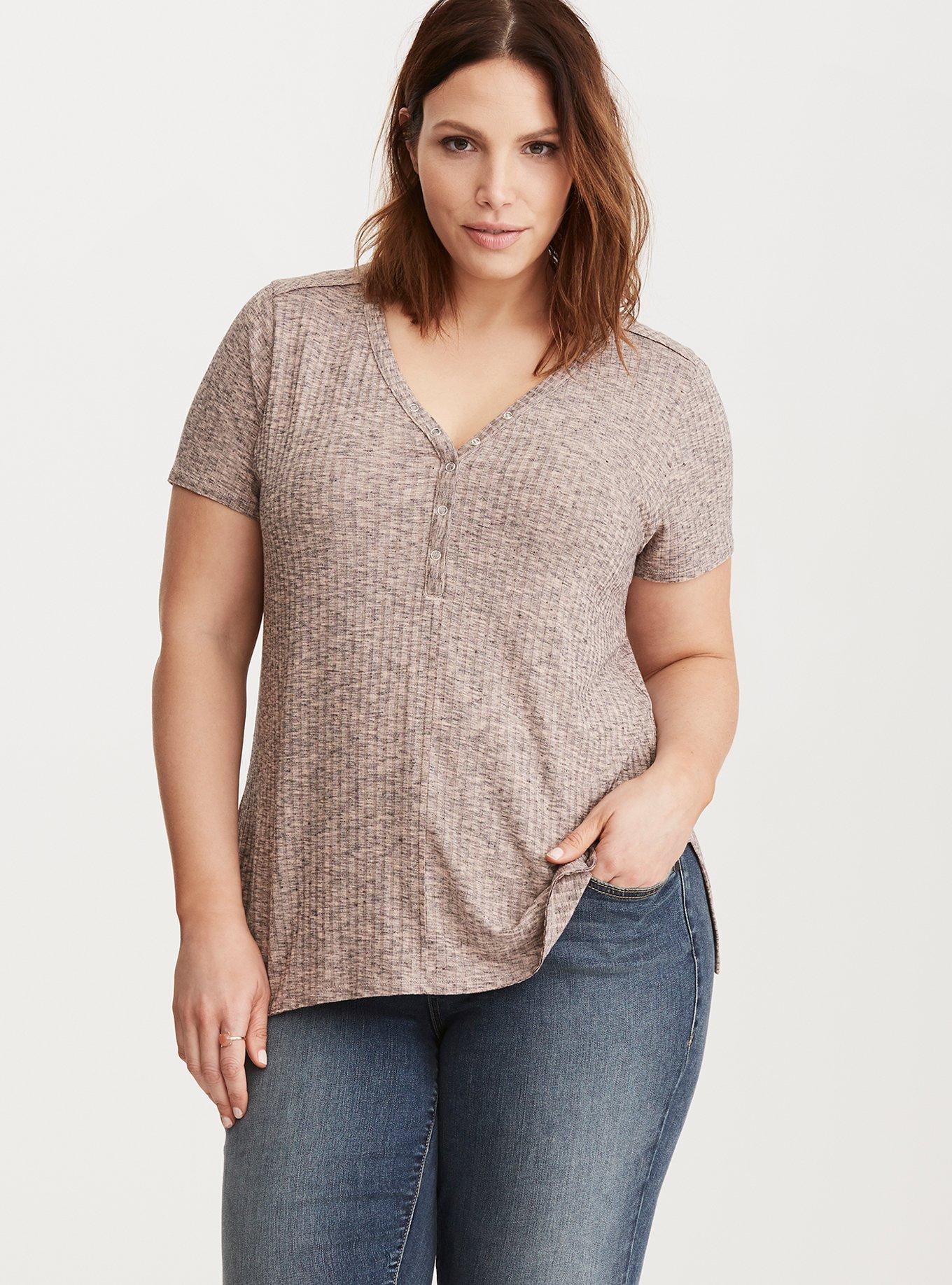 Plus Size - Snap Front Ribbed Knit Henley Tee - Torrid