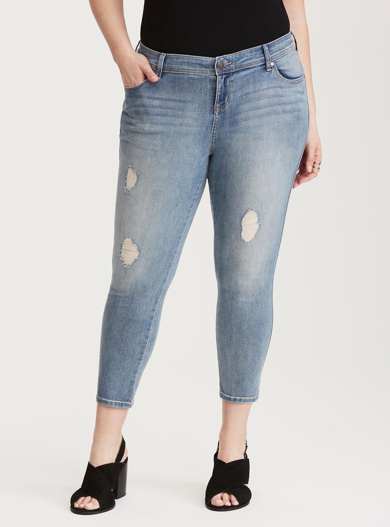 Plus Size - Cropped Luxe Skinny Jeans - Light Wash with Destruction ...