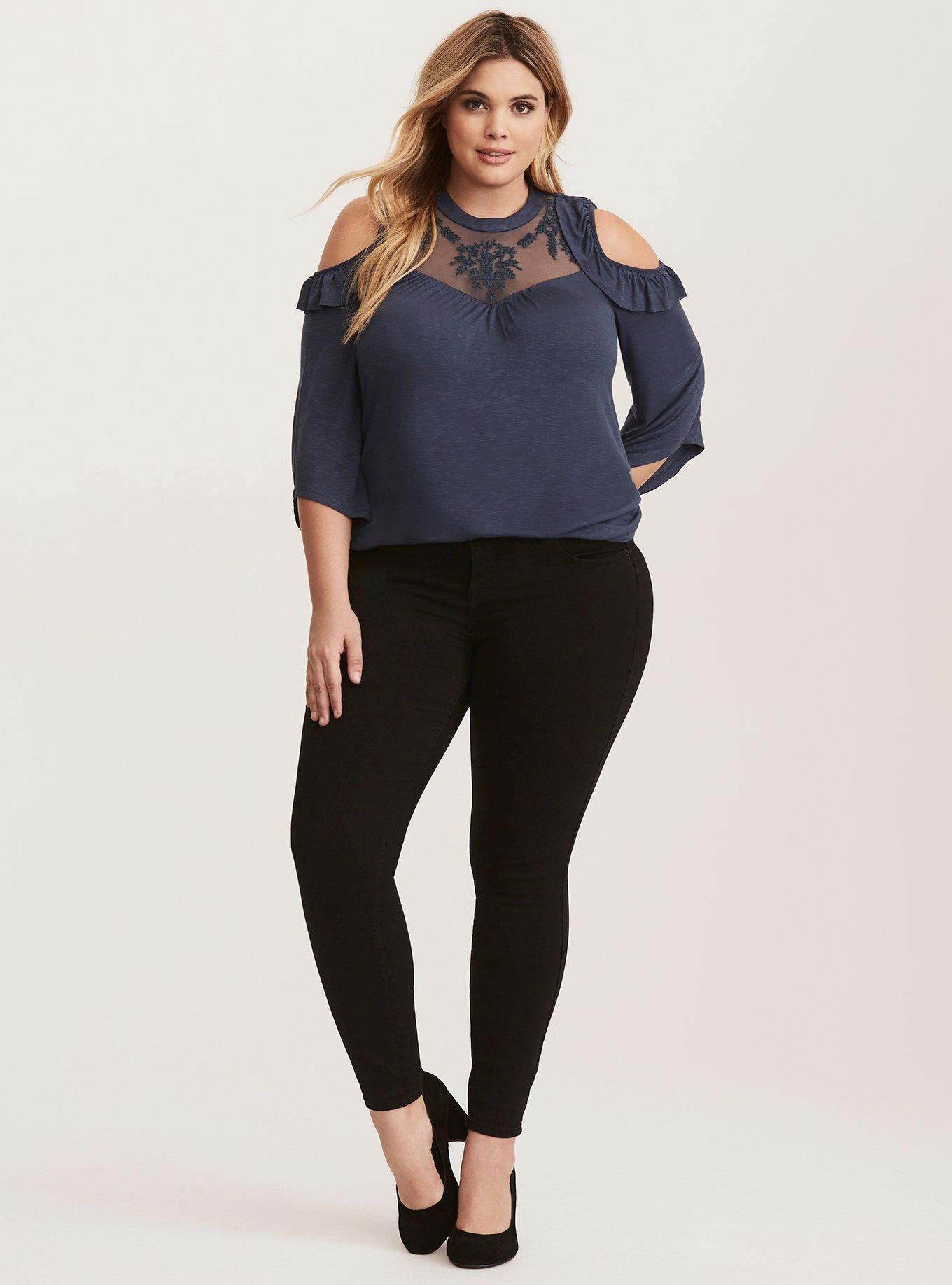 Plus Size - Lace Inset Ruffled Cold Shoulder Top - Torrid