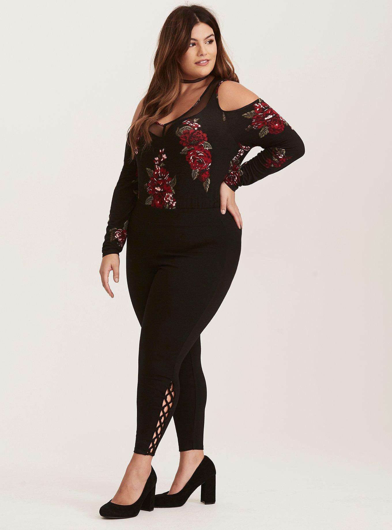 Plus Size - Floral Print Mesh Inset Cold Shoulder Top - Torrid