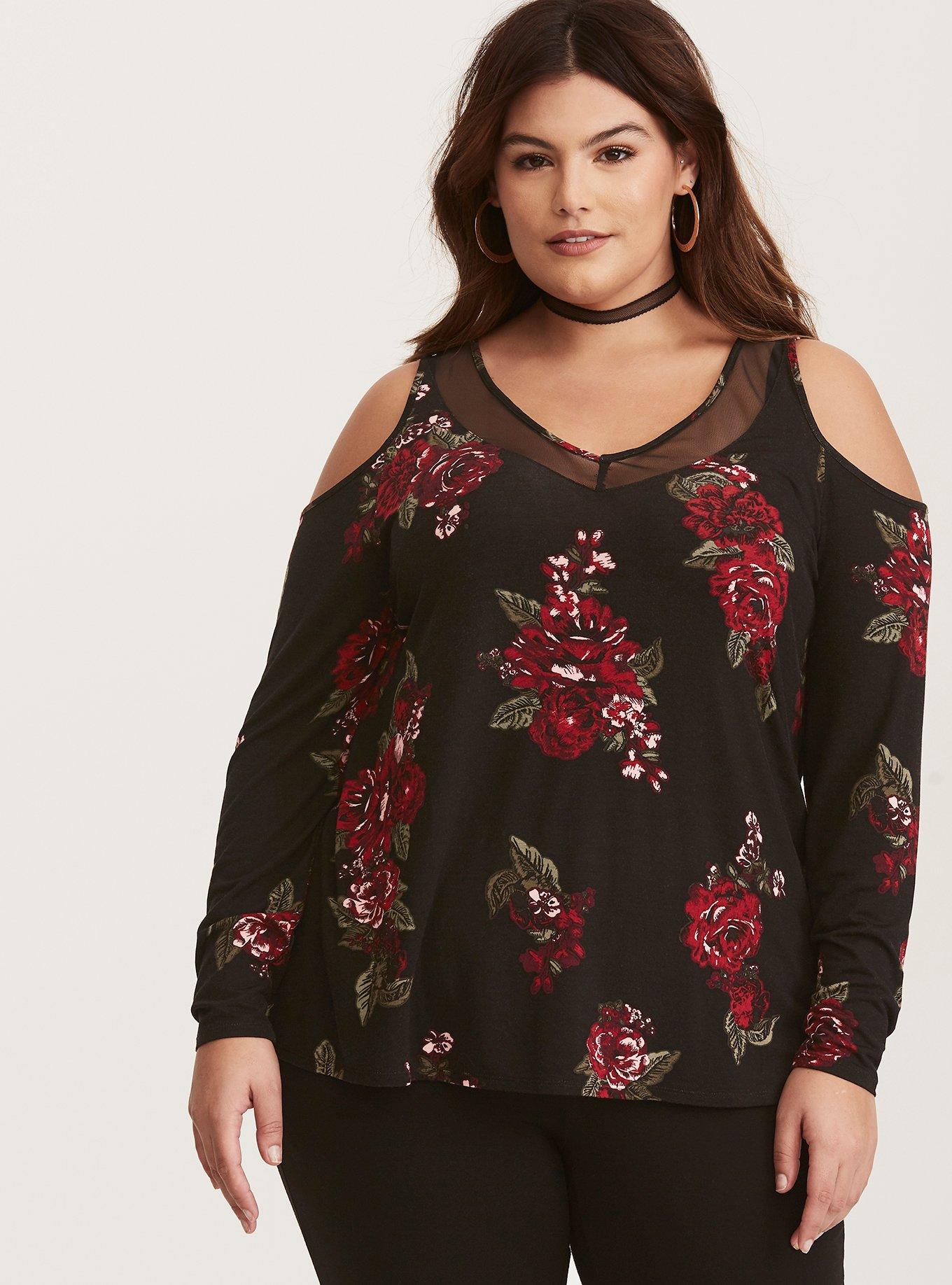 Plus Size - Floral Print Mesh Inset Cold Shoulder Top - Torrid