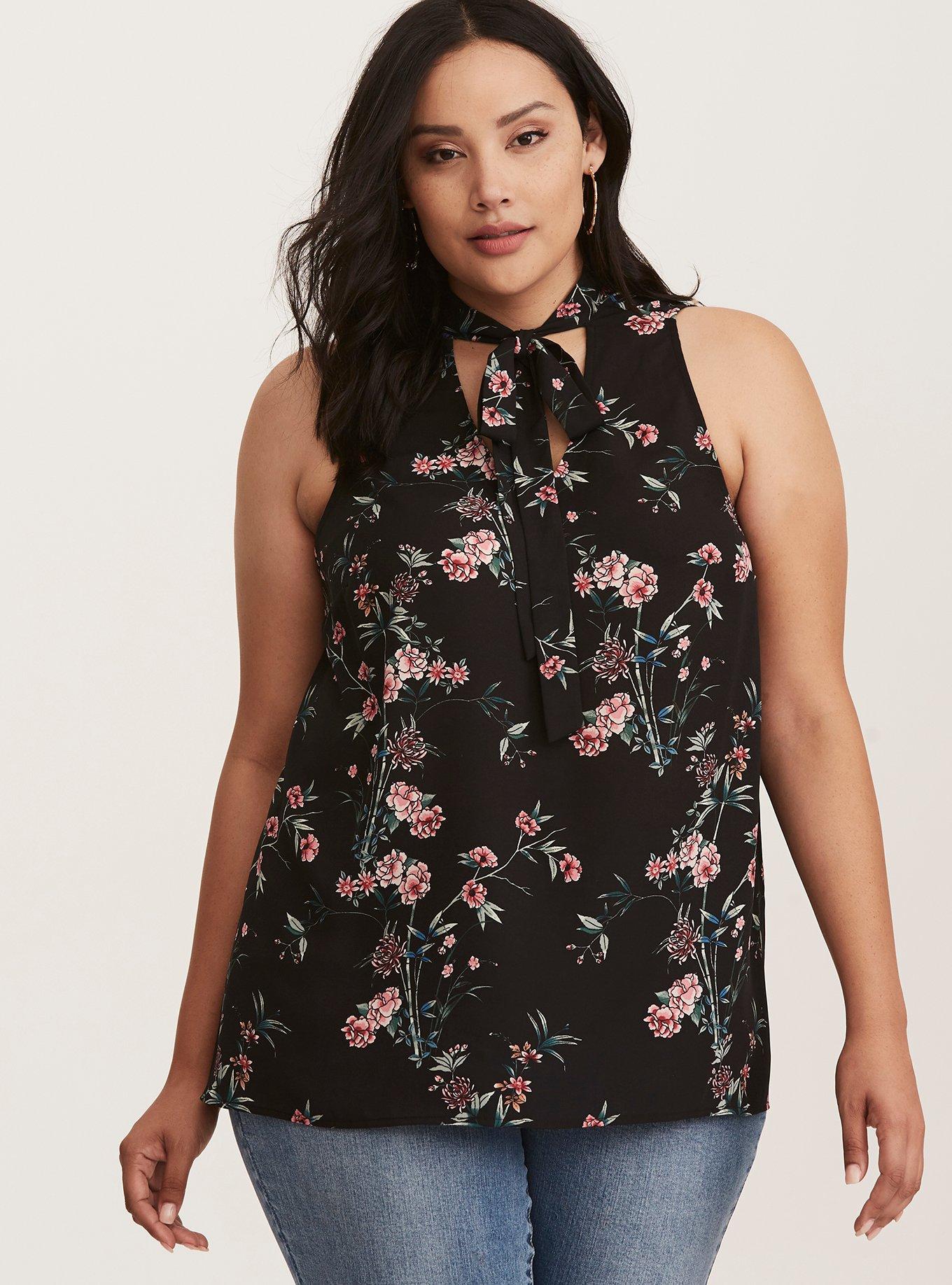Plus Size - Floral Print Georgette Tie Neck Blouse - Torrid