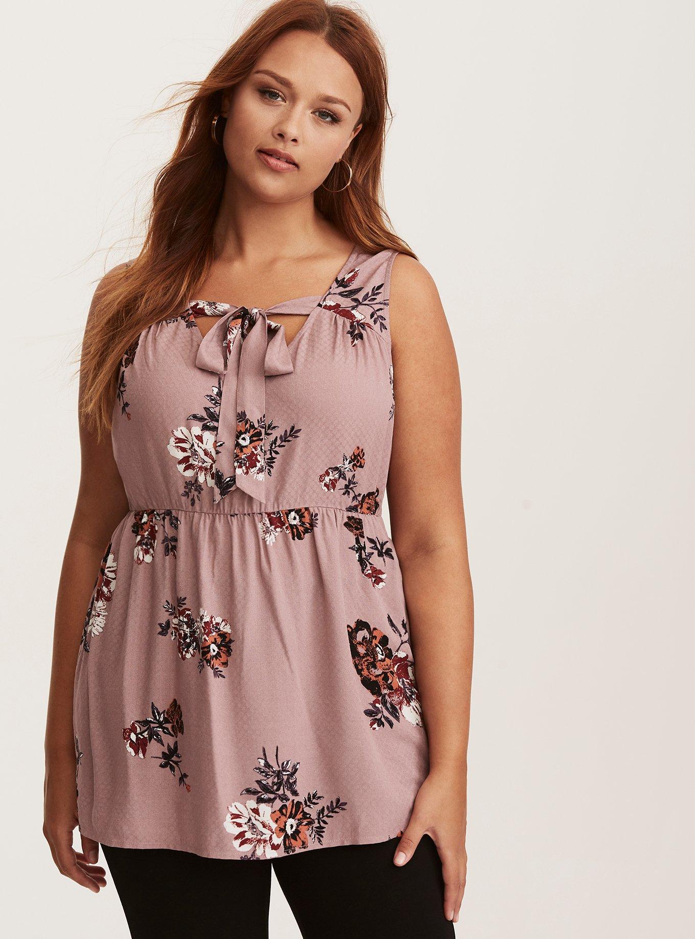 Plus Size - Floral Print Tie Neck Peplum Tank Top - Torrid