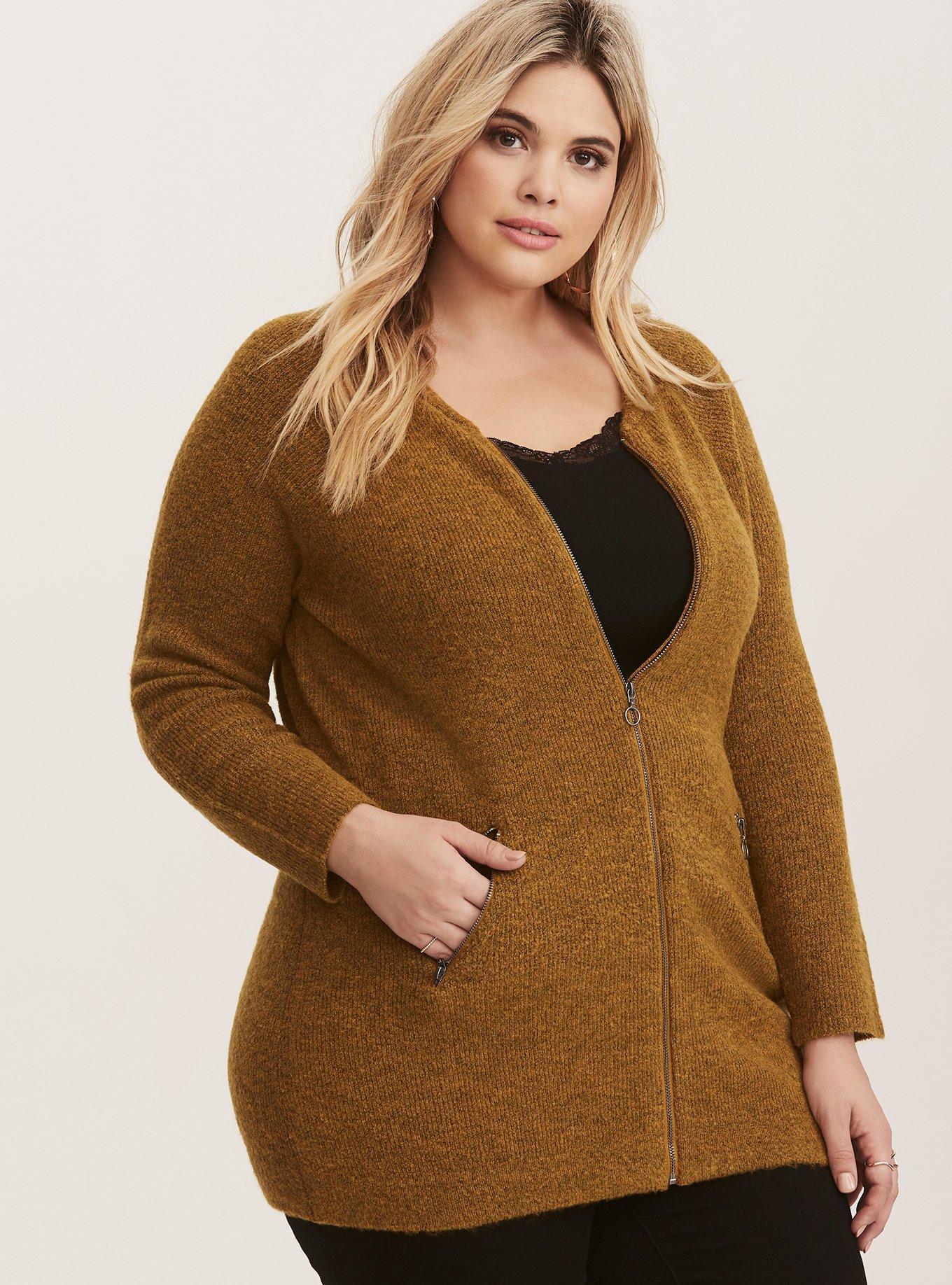 Plus Size - Marigold Yellow Marled Knit Zip Front Sweater Jacket - Torrid