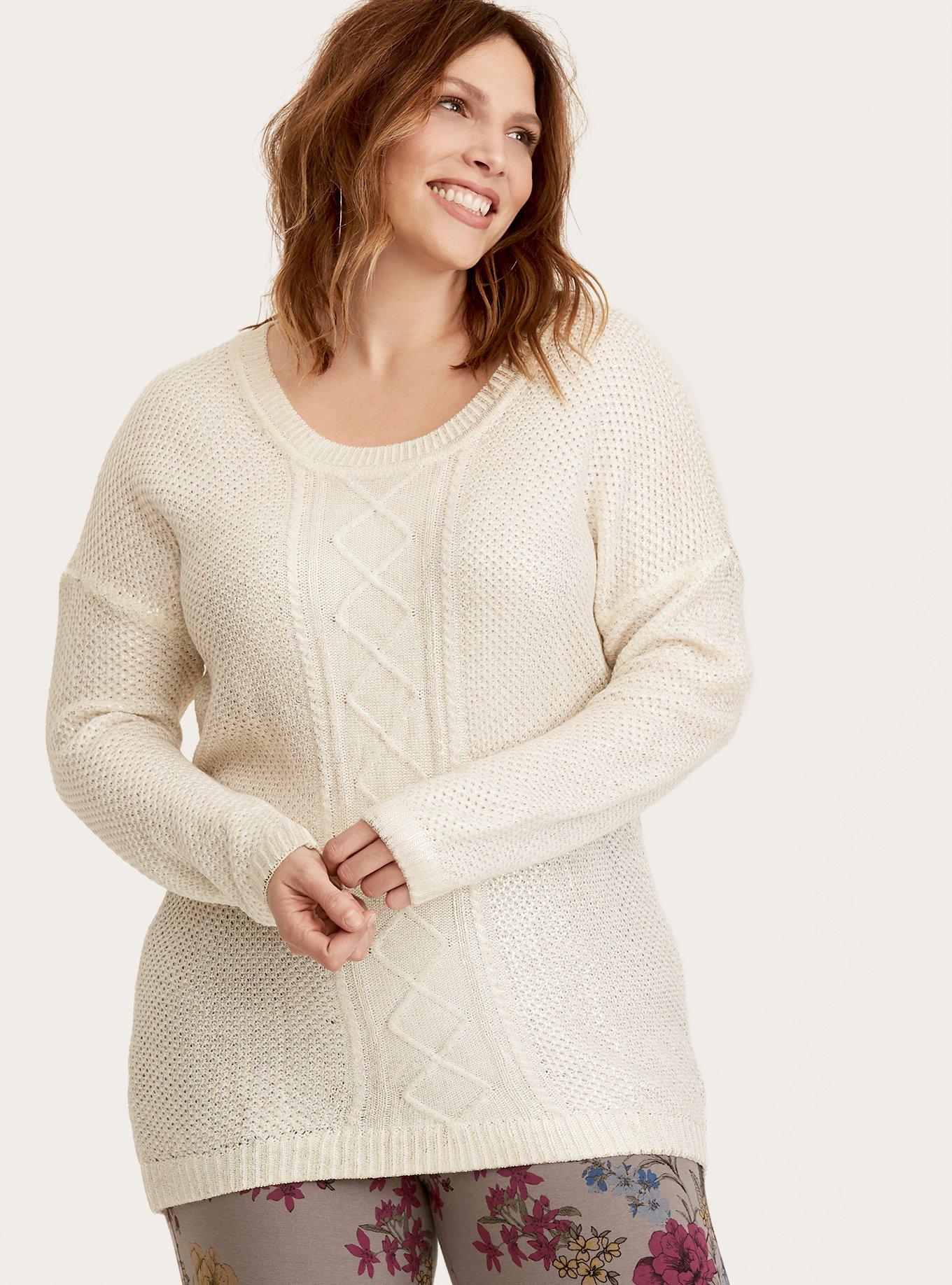Plus Size - Ivory Metallic Cable Knit Sweater - Torrid