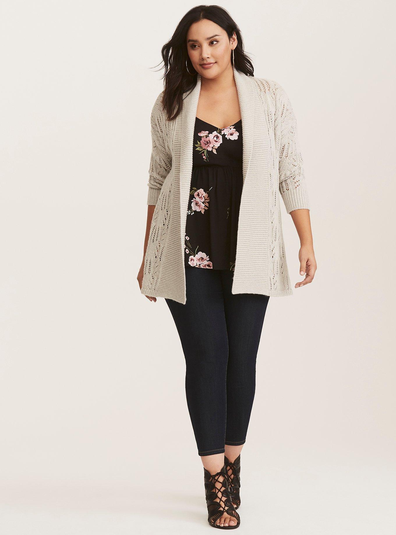 Plus Size - Grey Shawl Collar Open Knit Cardigan - Torrid