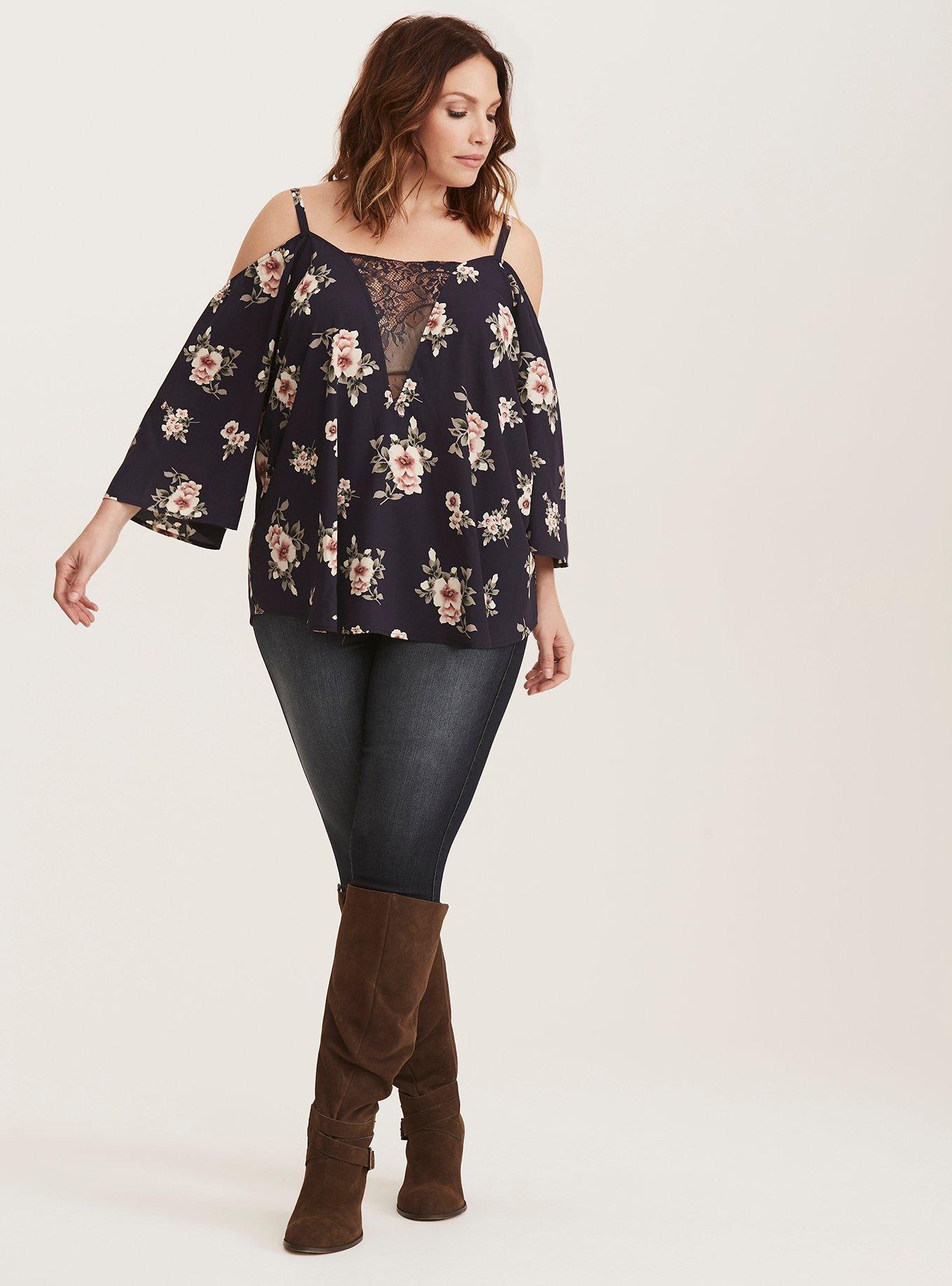 Plus Size - Floral Print Lace Inset Cold Shoulder Top - Torrid