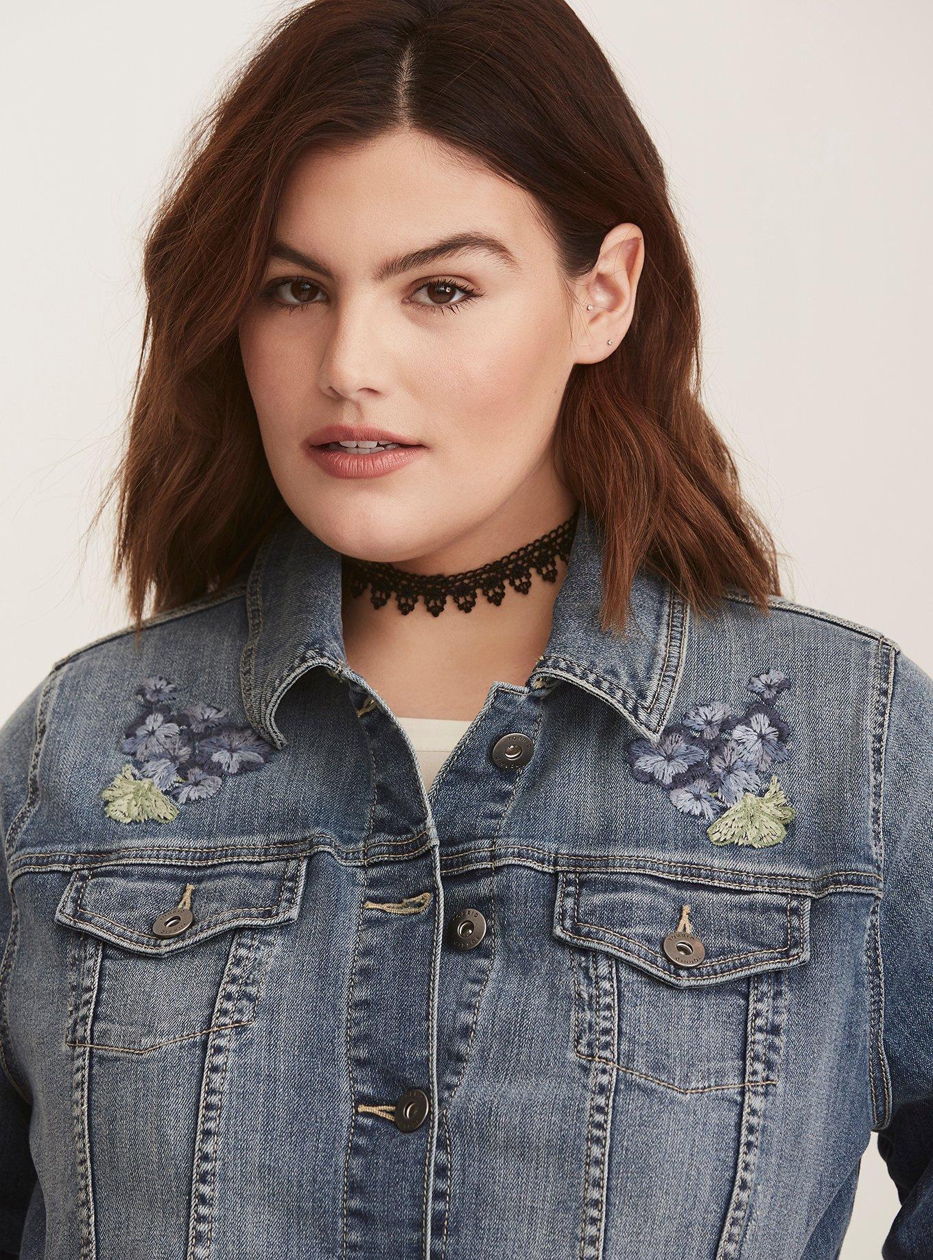 Plus Size - Floral Butterfly Embroidered Denim Jacket - Torrid