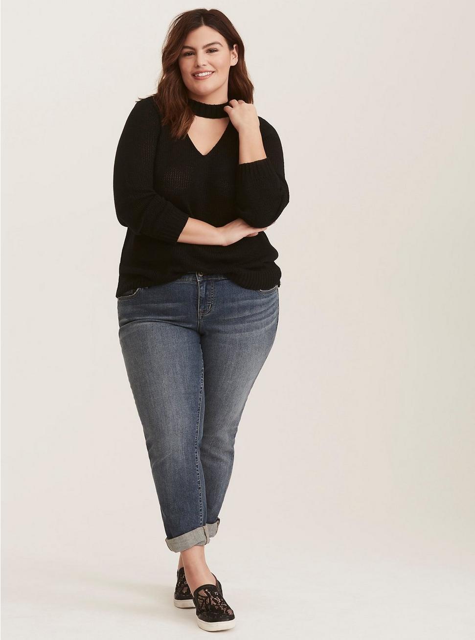 Plus Size - Black Long Sleeve Choker Cutout Knit Pullover Plus Size - Black Long Sleeve Choker Cutout Knit Pullover