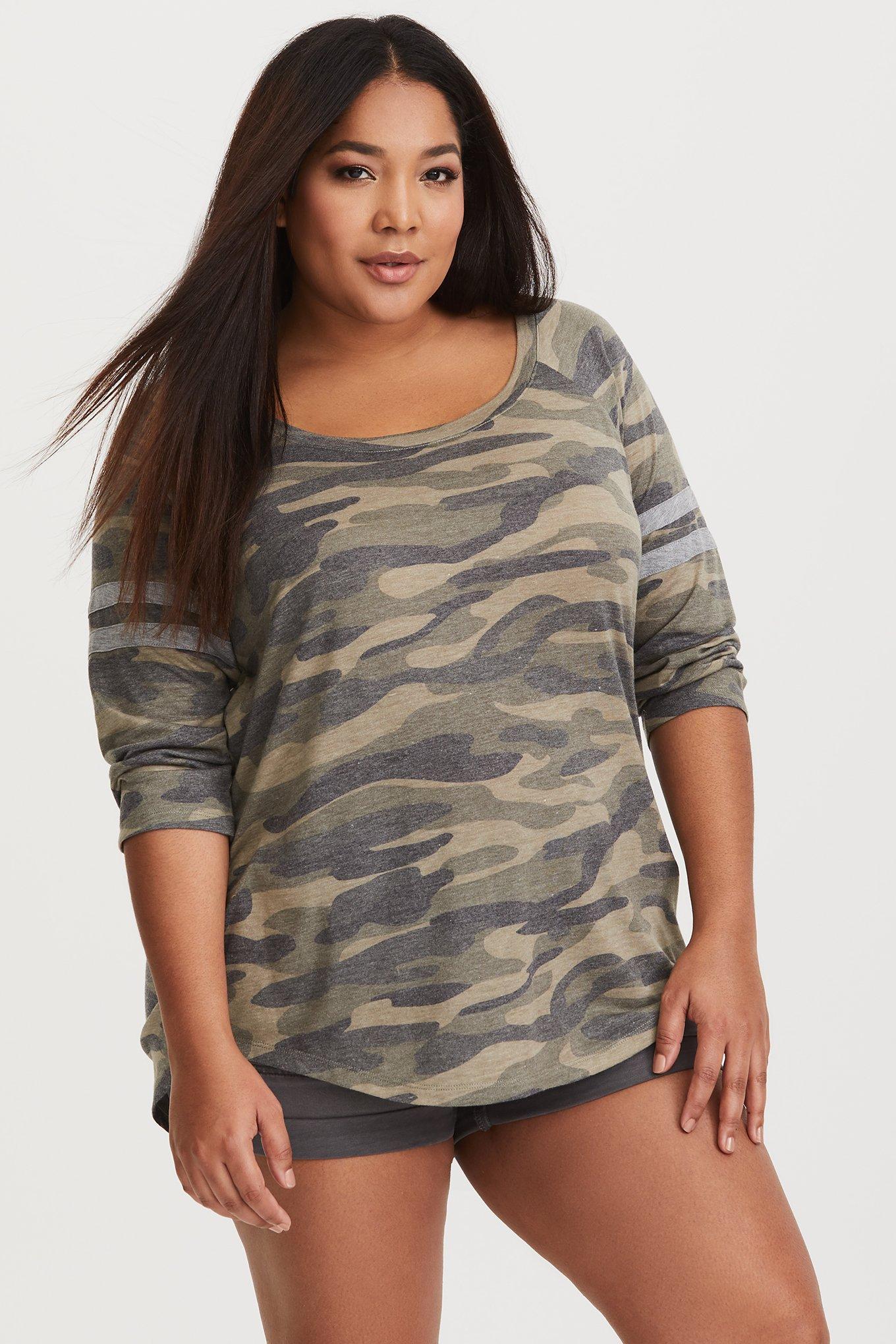 Plus Size - Camo Varsity Stripe Raglan Tee - Torrid