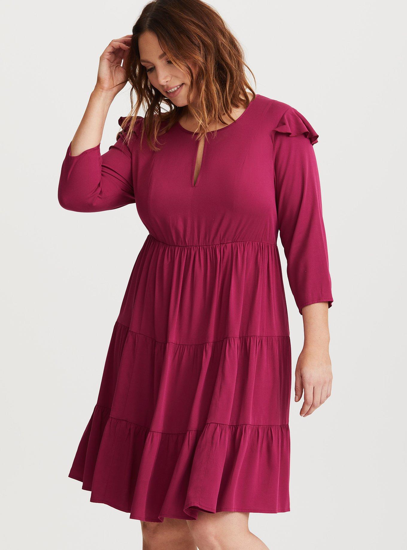 Plus Size - Wine Challis Tiered Skater Dress - Torrid