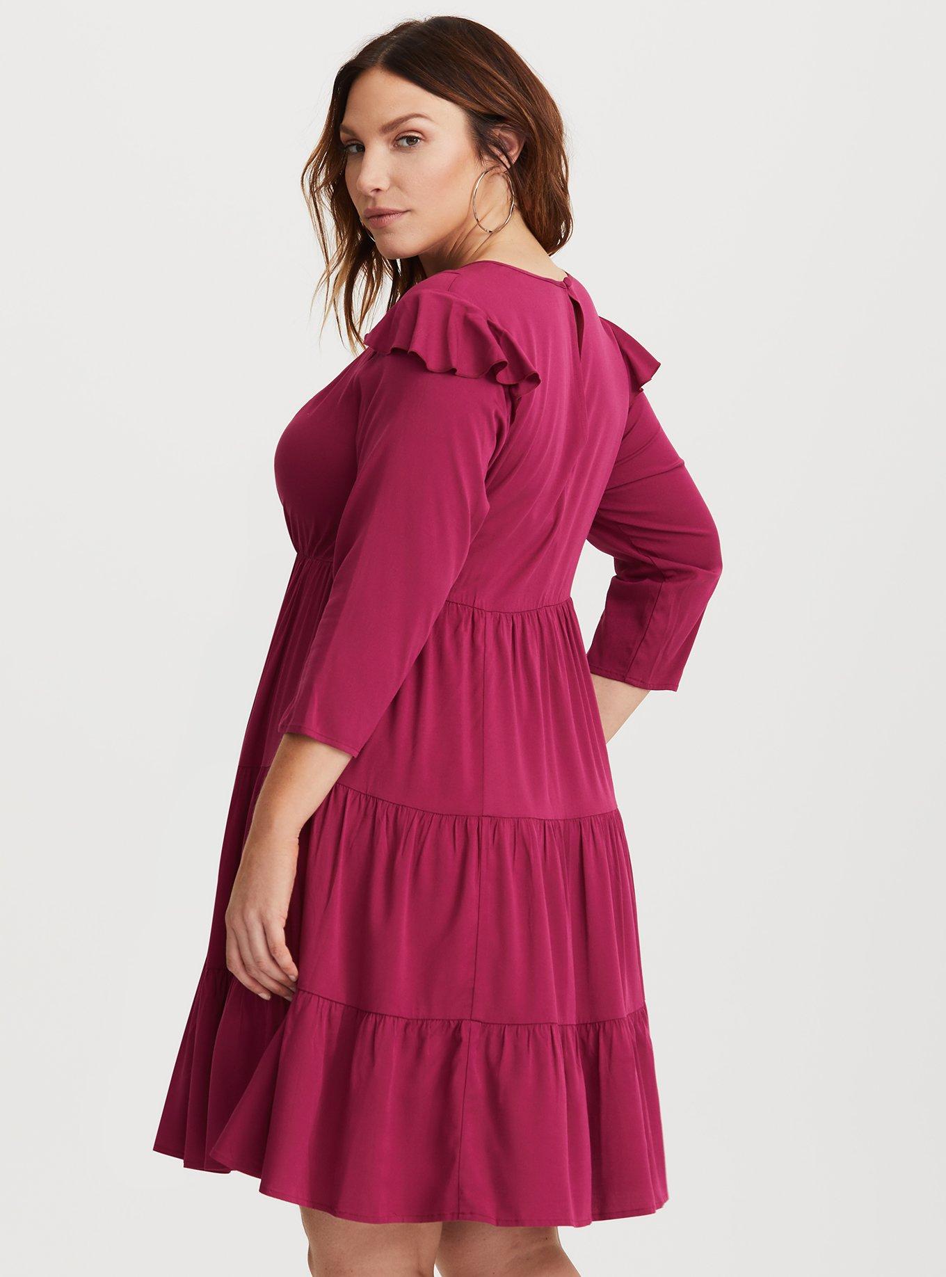 Plus Size - Wine Challis Tiered Skater Dress - Torrid