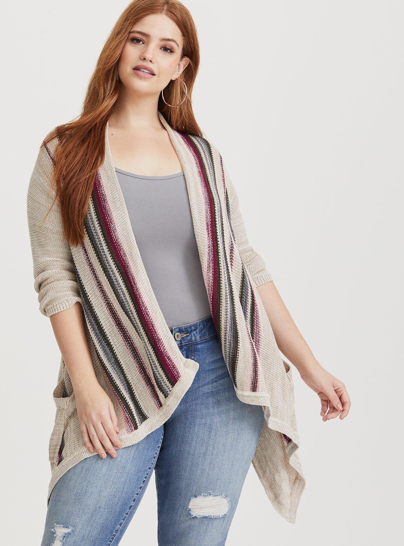 Plus Size - Multi Color Border Striped Open Front Knit Cardigan - Torrid