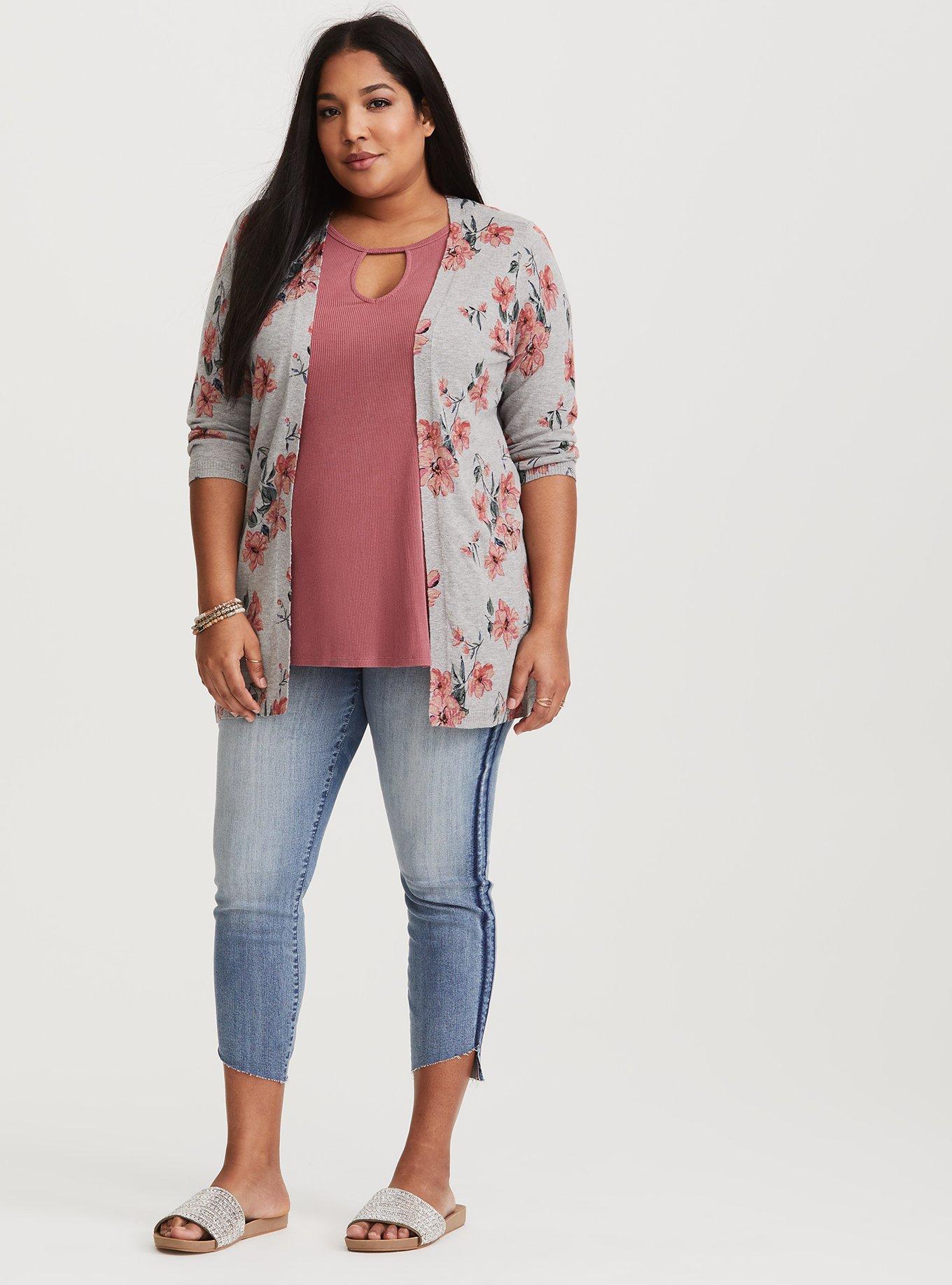 Plus Size - Heather Grey Floral Knit Cardigan - Torrid