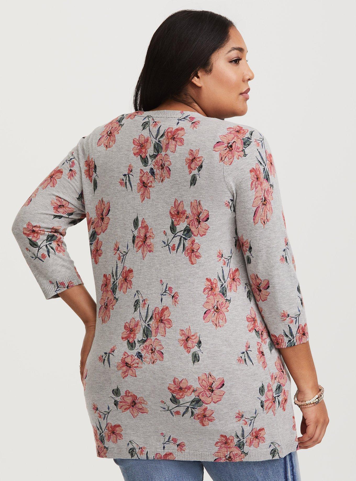 Plus Size - Heather Grey Floral Knit Cardigan - Torrid