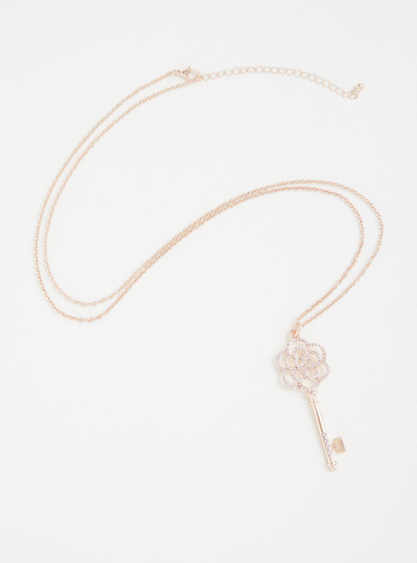 Plus Size - Rose Gold Rosette Pave Key Necklace - Torrid