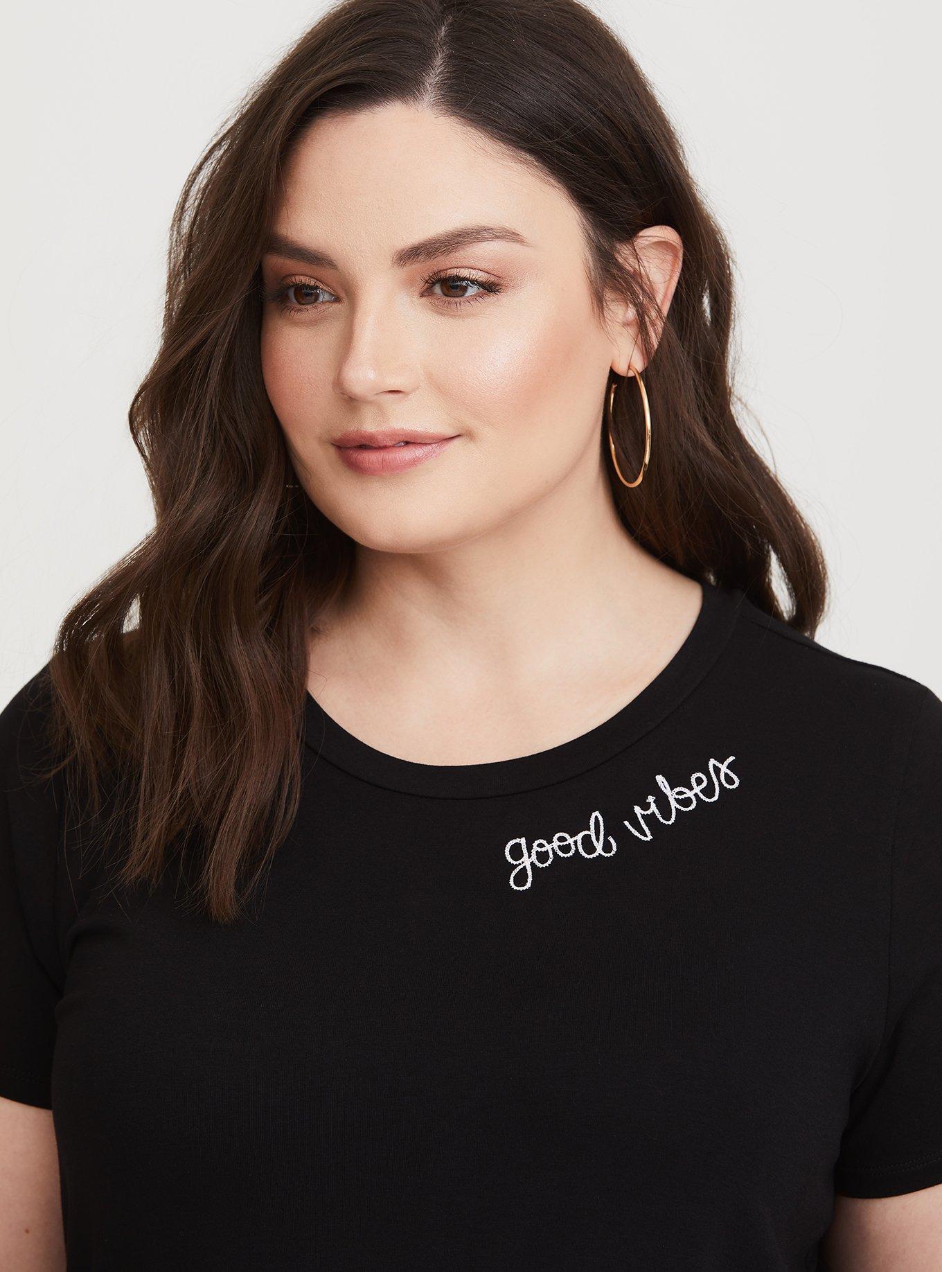 Plus Size - Black 'Good Vibes' Embroidered Fitted Tee - Torrid