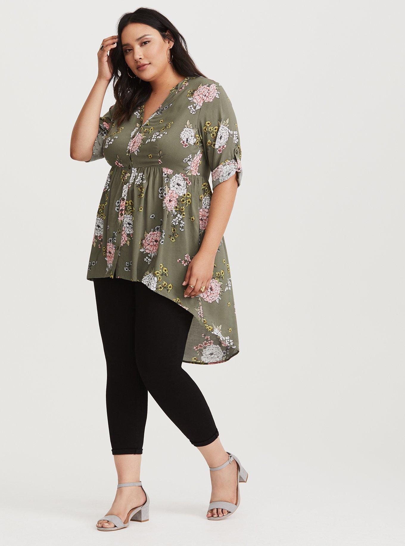 Plus Size - Lexie - Olive Floral Babydoll Challis Tunic - Torrid
