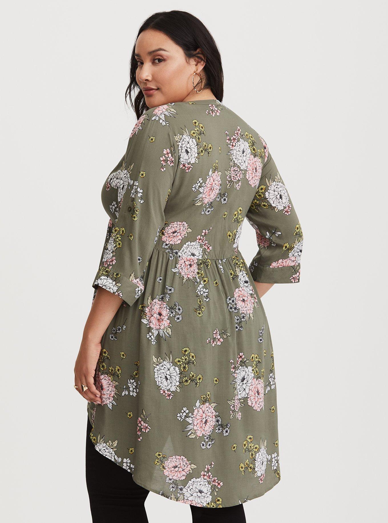 Plus Size - Lexie - Olive Floral Babydoll Challis Tunic - Torrid