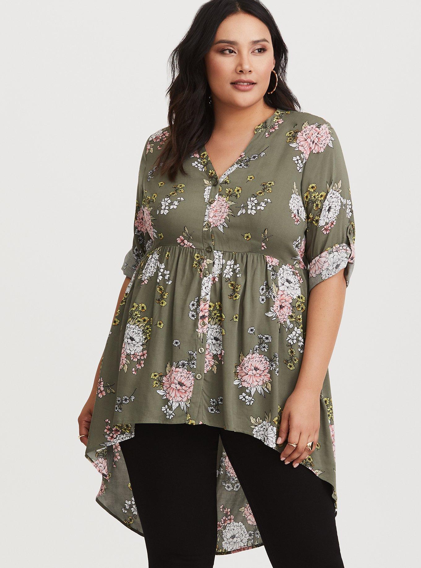 Plus Size - Lexie - Olive Floral Babydoll Challis Tunic - Torrid