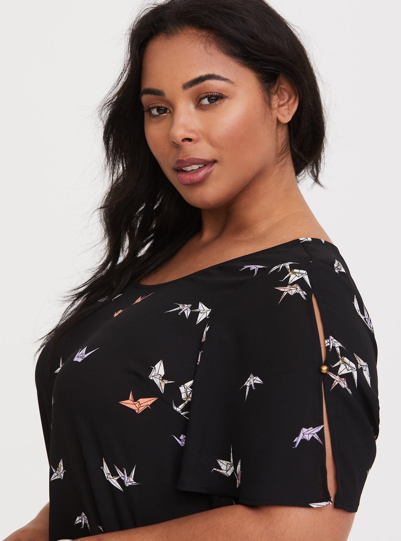 Plus Size - Black Crane Georgette Bow Back Blouse - Torrid