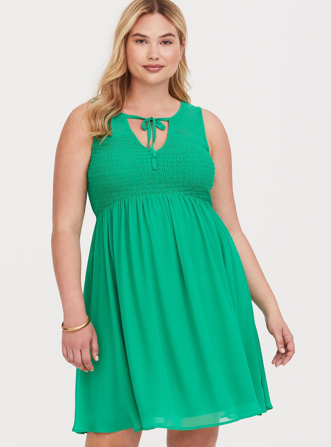 Plus Size - Green Chiffon Smock Front Tank Dress - Torrid