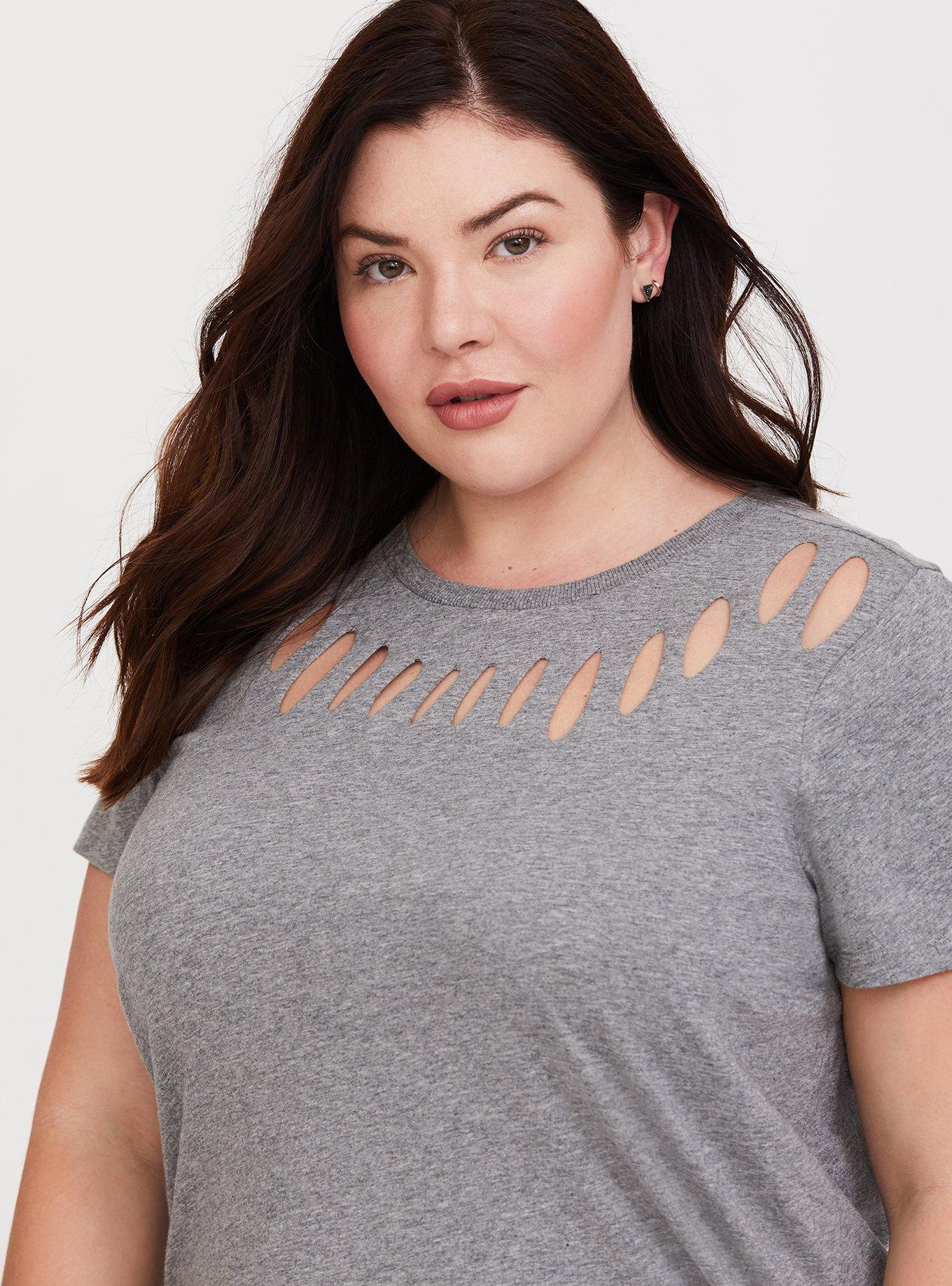 Plus Size - Heather Grey Slashed Crew Classic Fit Tee - Torrid