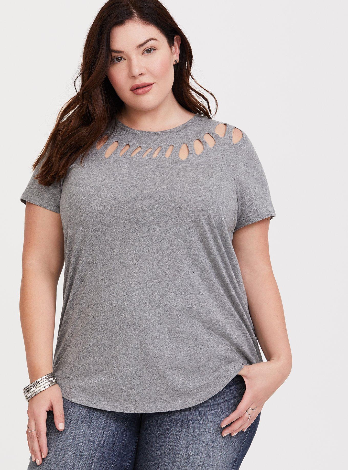 Plus Size - Heather Grey Slashed Crew Classic Fit Tee - Torrid