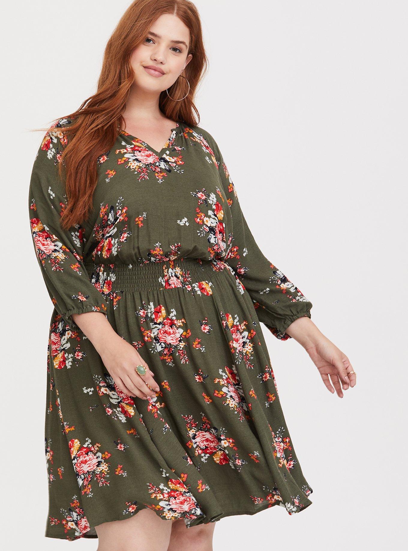 Plus Size - Olive Floral Smocked Skater Dress - Torrid