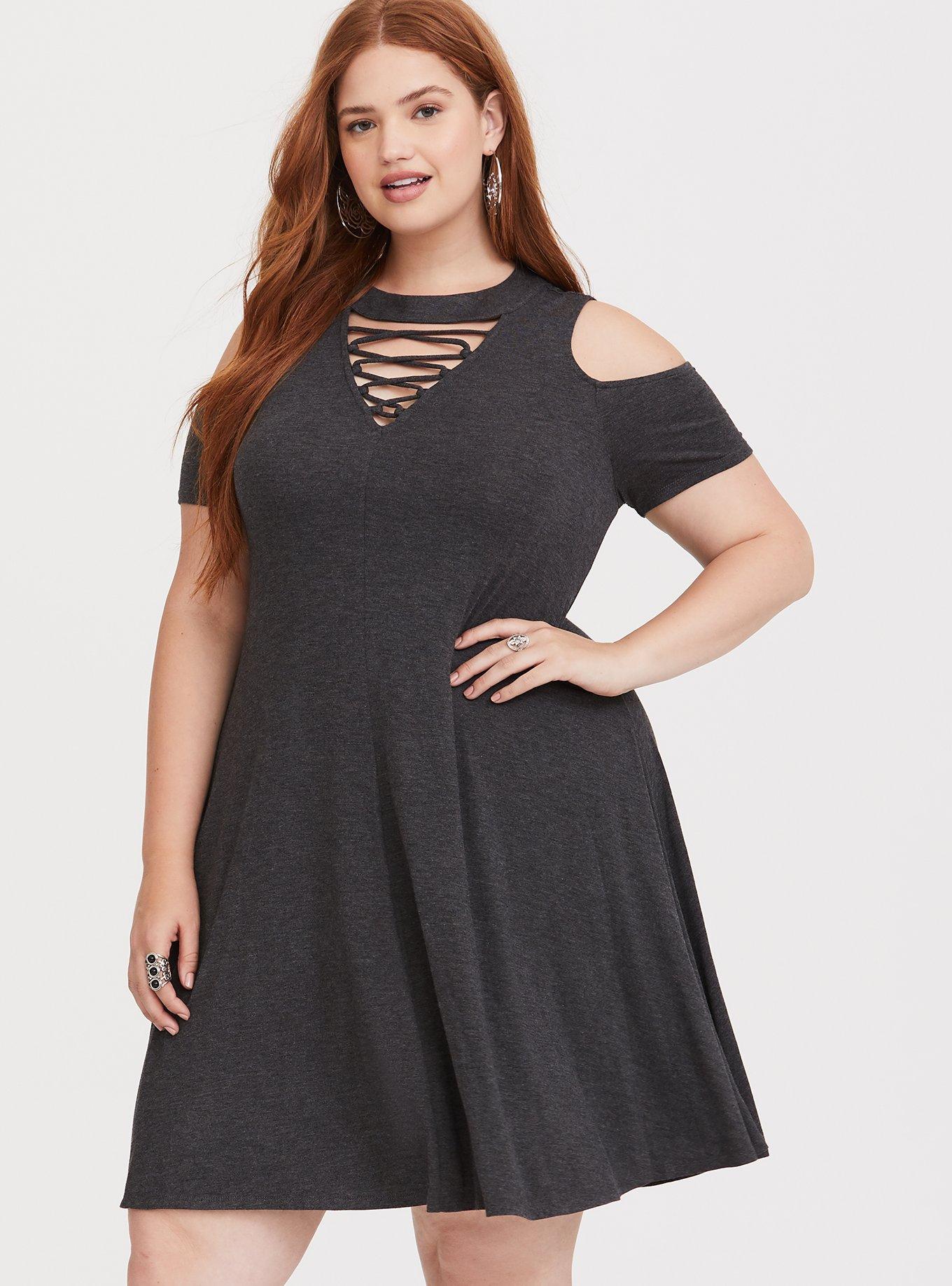 Plus Size - Super Soft Grey Lattice Mini Dress - Torrid
