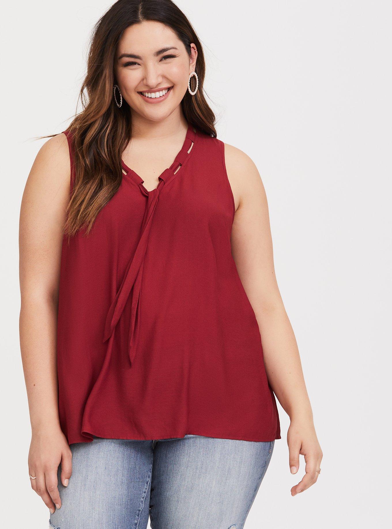Plus Size - Red Tie Neck Crepe Tank - Torrid