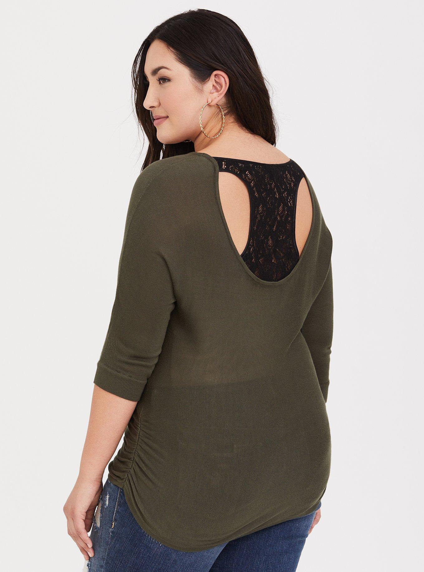 Plus Size - Olive Lace Racerback Pullover - Torrid