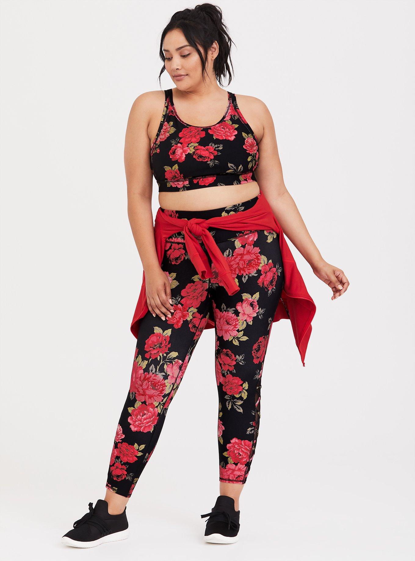 Plus Size - Red Floral Lattice & Mesh Sports Bra - Torrid