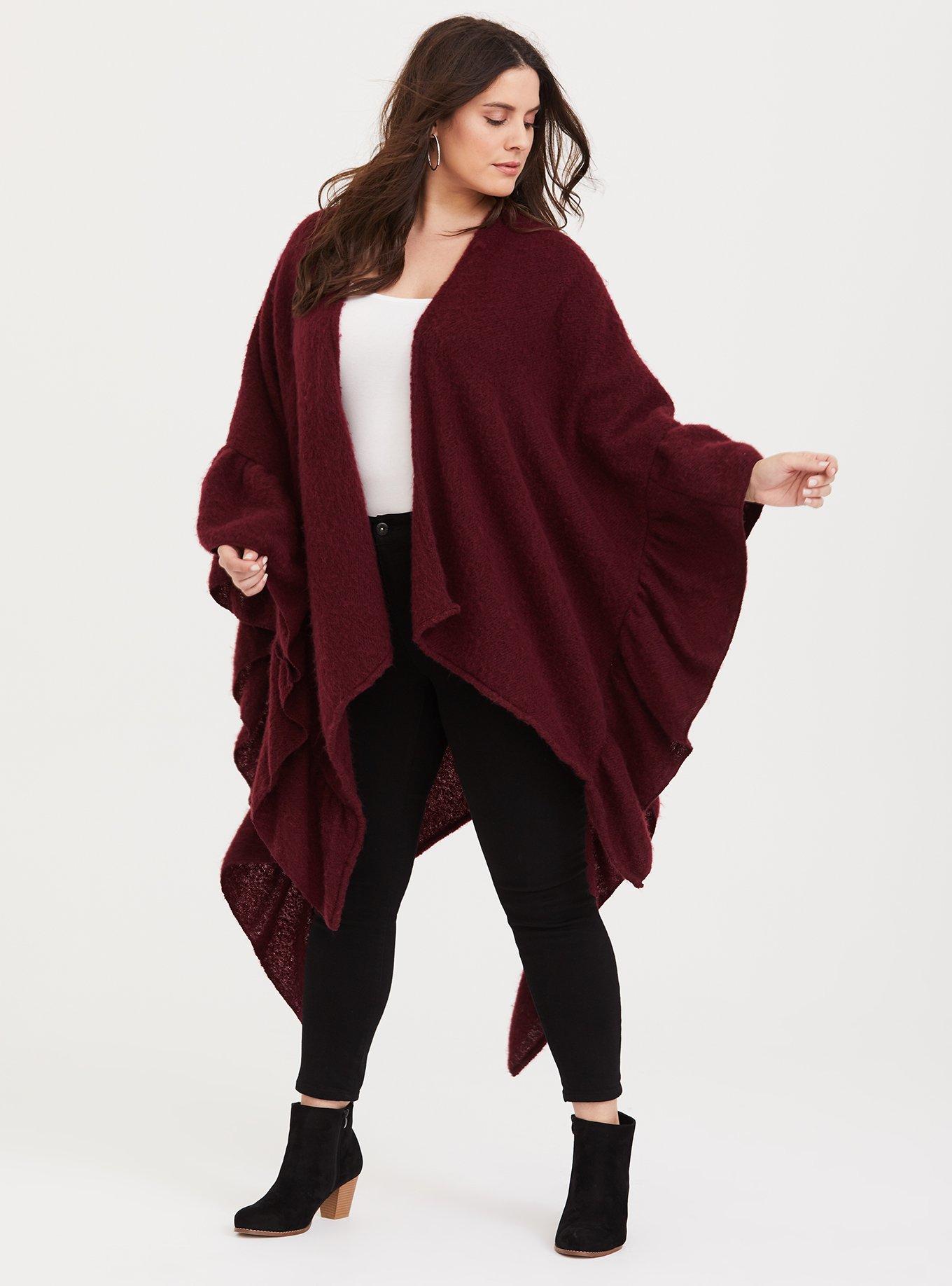 Plus Size - Burgundy Ruffle Edge Ruana - Torrid