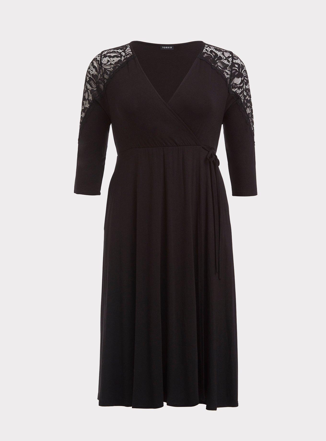 Plus Size - Black Lace Inset Jersey Wrap Dress - Torrid