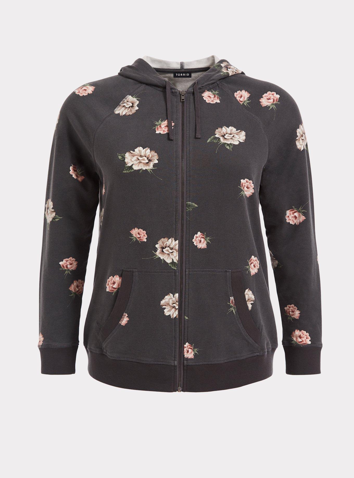 Plus Size - Grey Floral Zip Hooded Jacket - Torrid