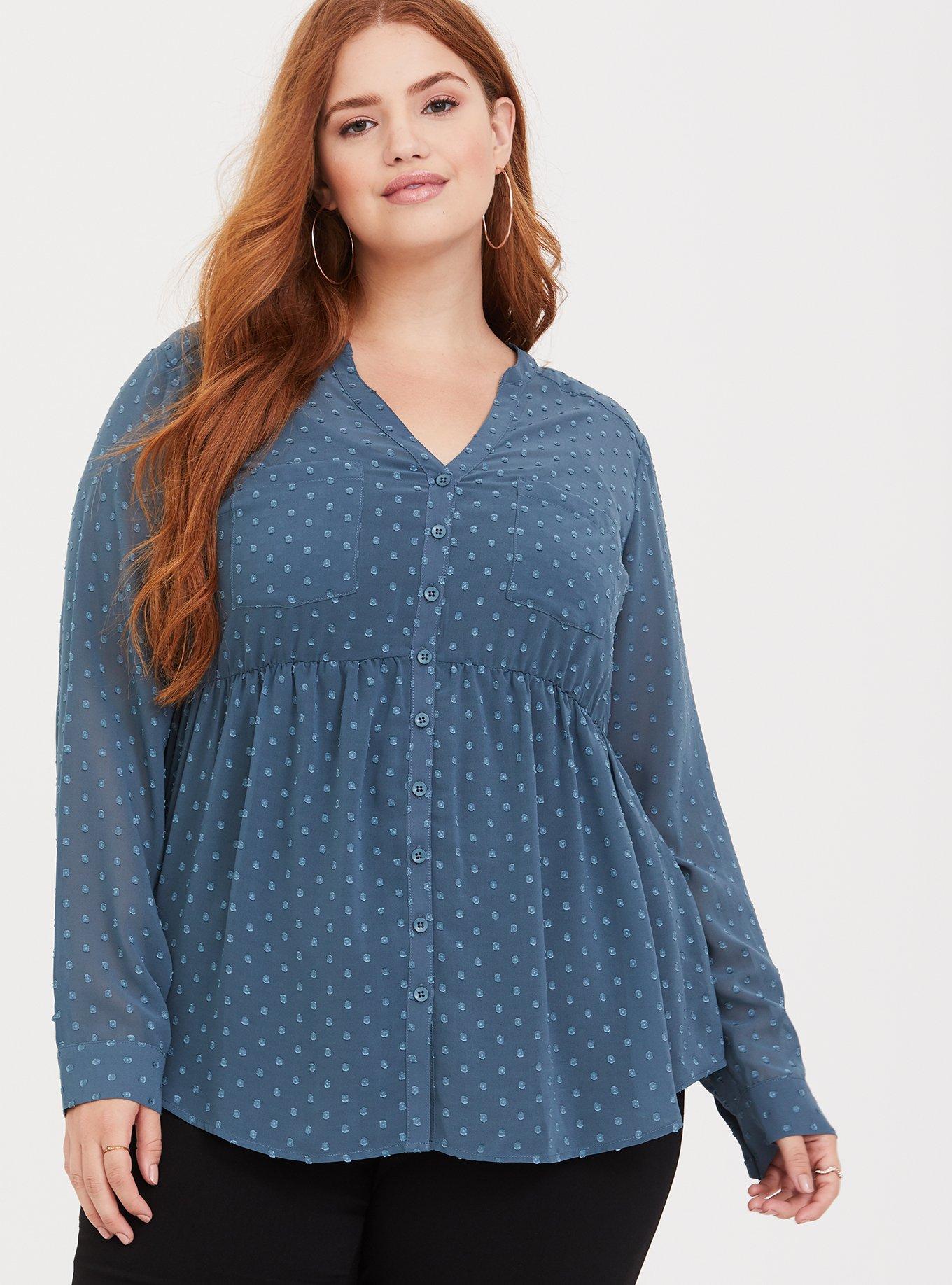 Plus Size - Emma - Dusty Blue Swiss Dot Babydoll Tunic - Torrid