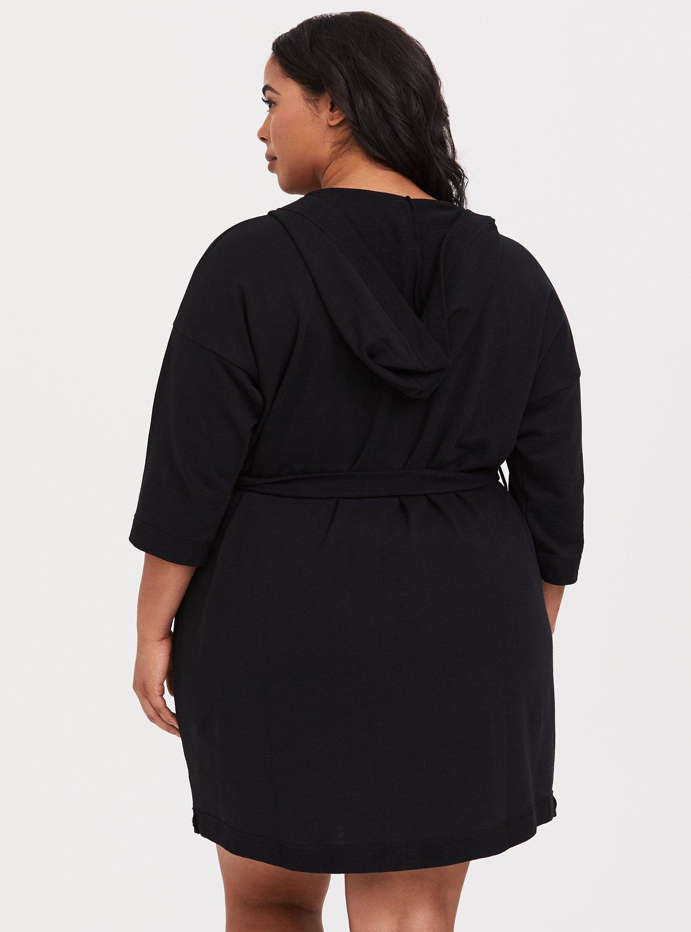 Plus Size - Black Hooded French Terry Sleep Robe - Torrid