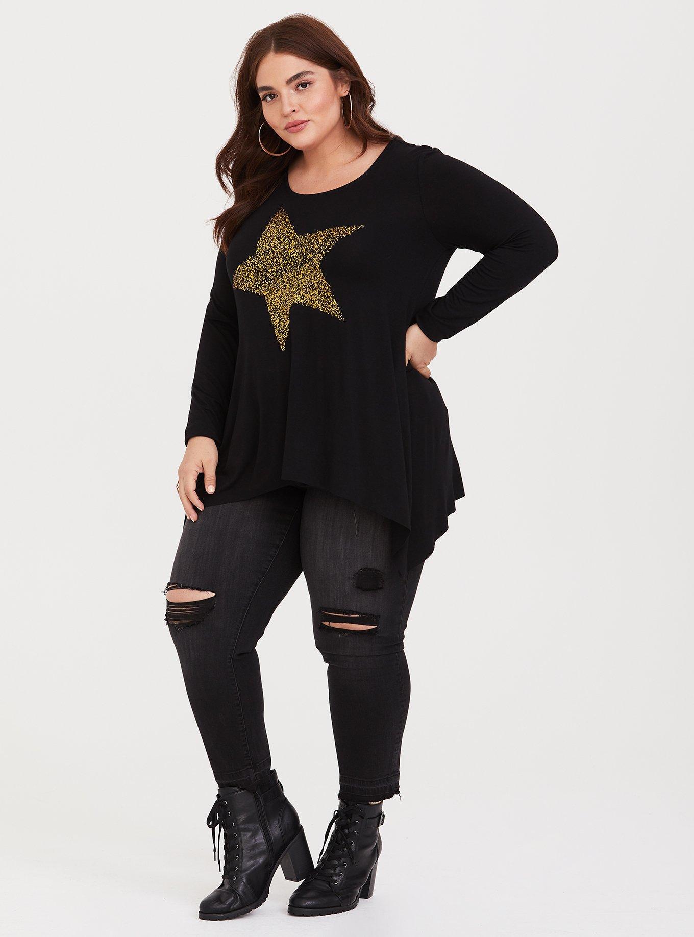 Plus Size - Super Soft Black Shimmer Star Sharkbite Tee - Torrid