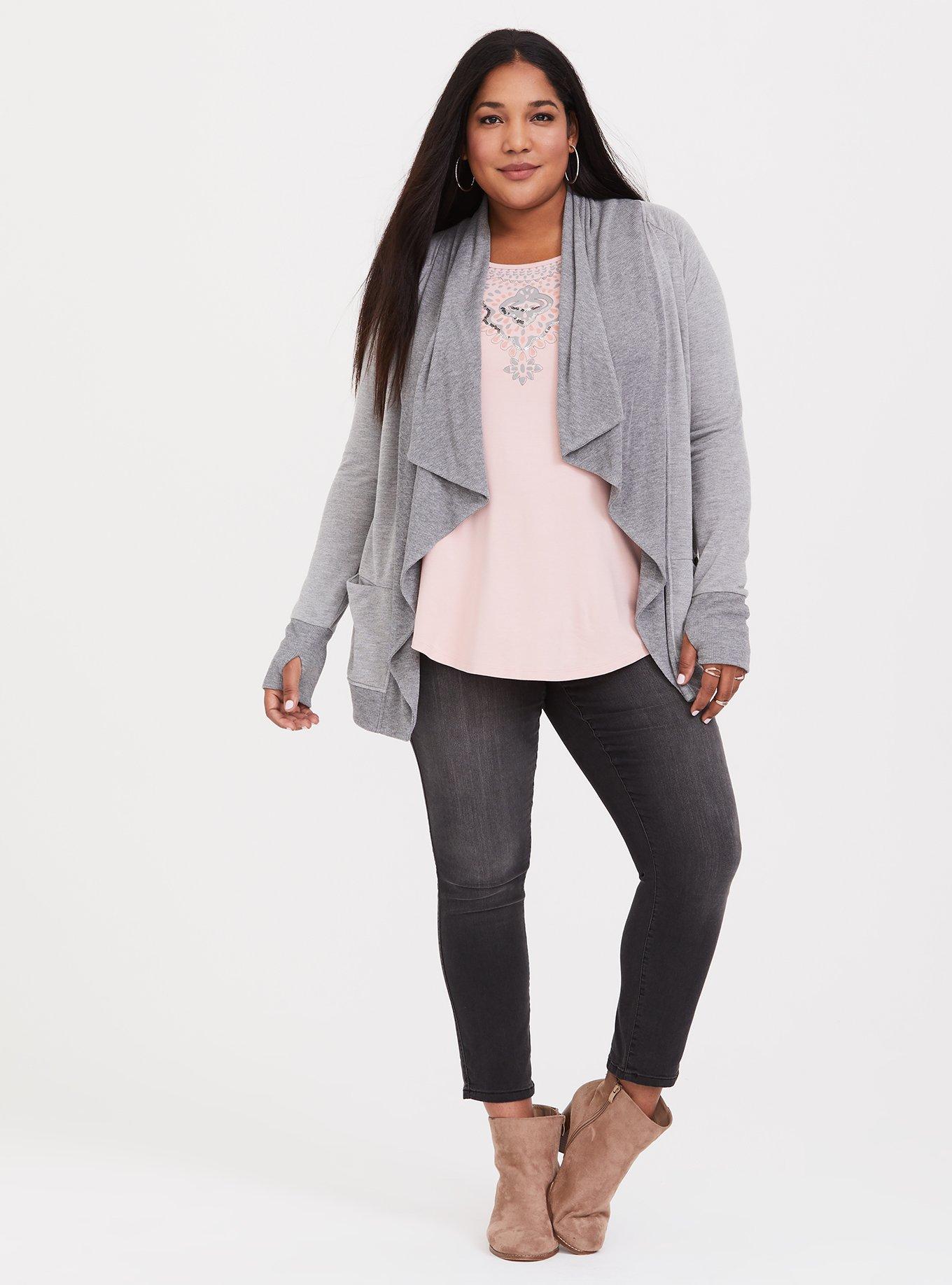 Plus Size - Grey Drape French Terry Cardigan - Torrid