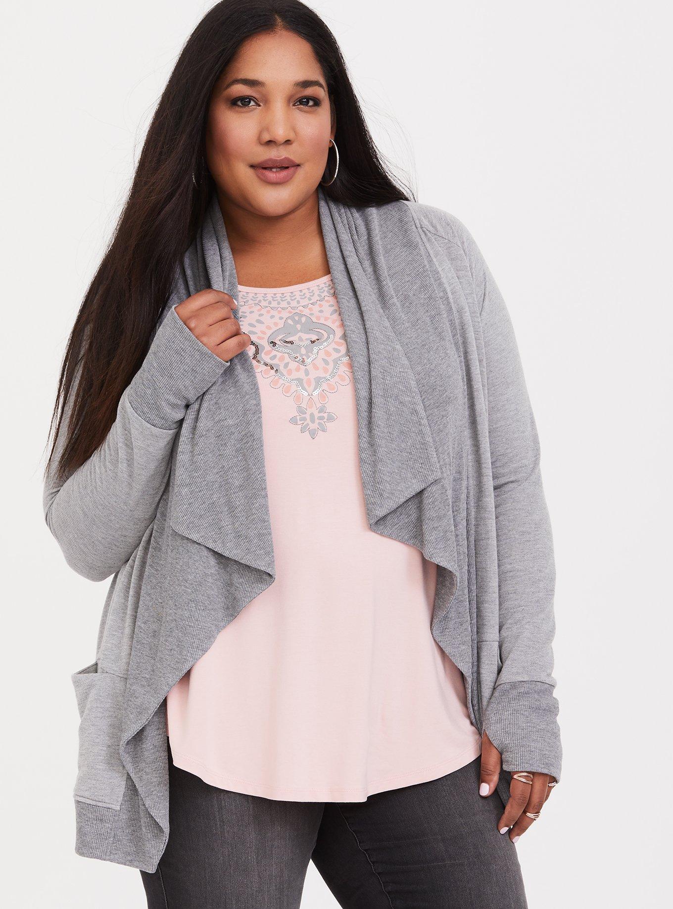 Plus Size - Grey Drape French Terry Cardigan - Torrid