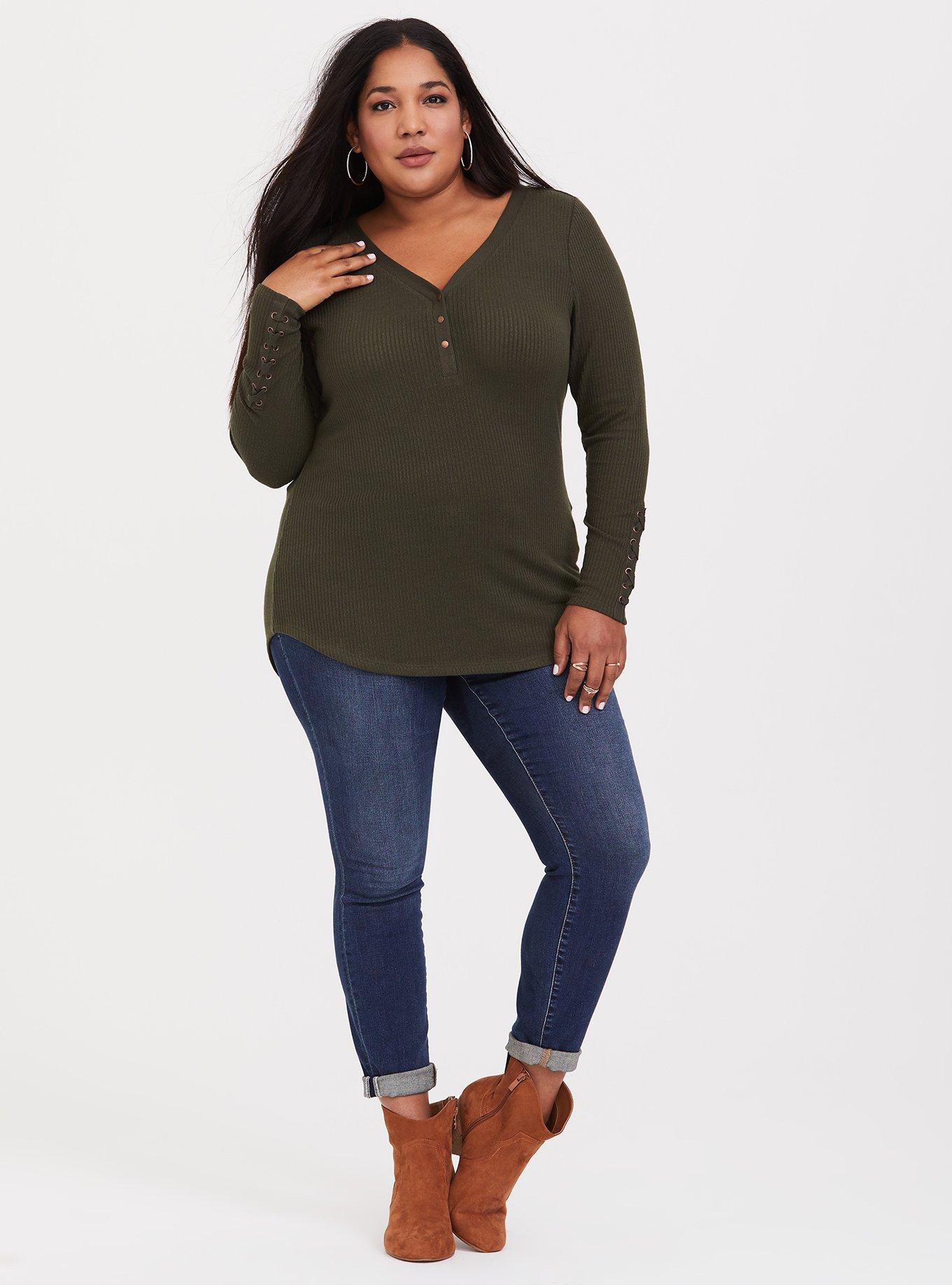 Plus Size - Olive Ribbed Henley Tee - Torrid