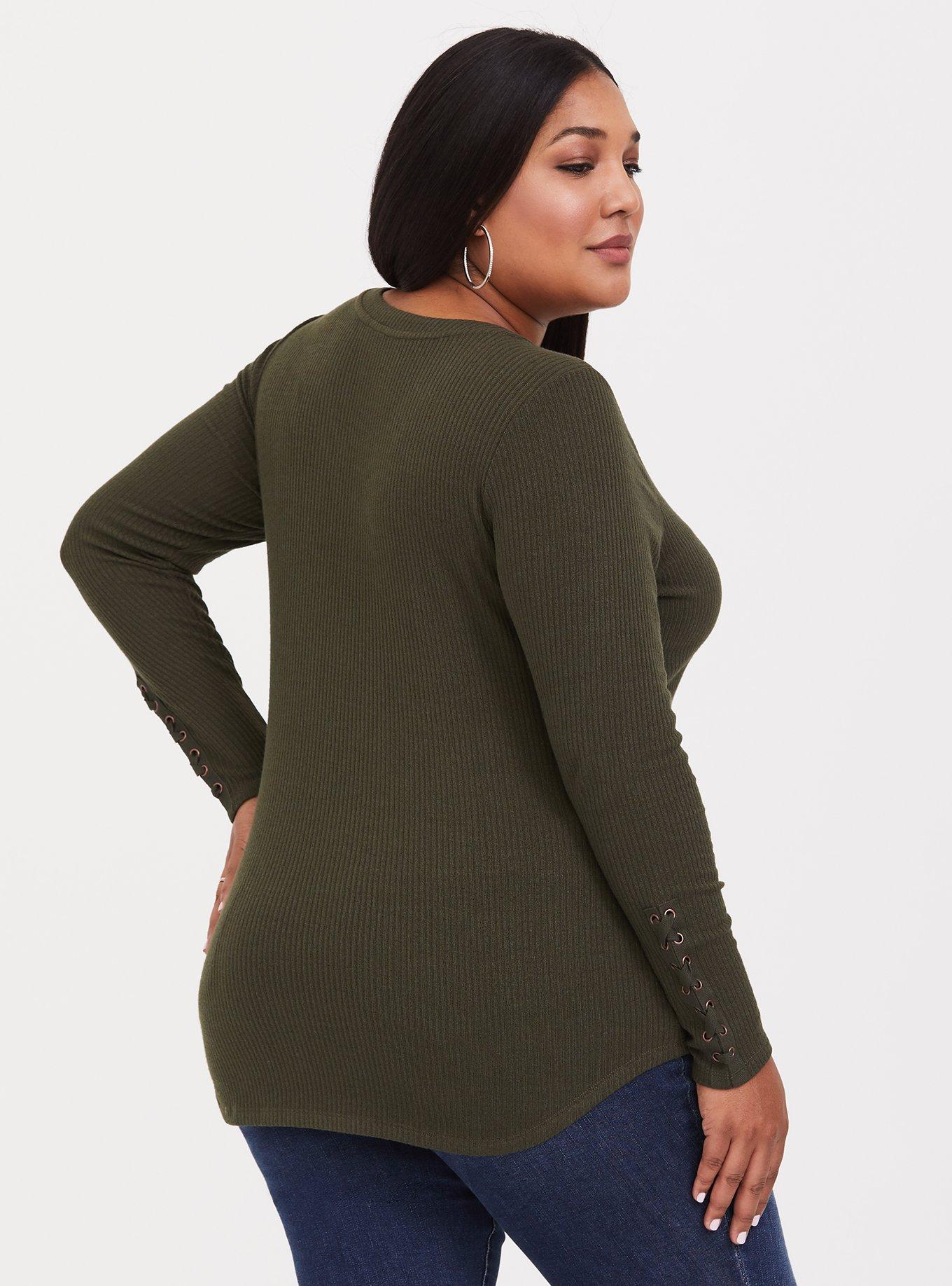 Plus Size - Olive Ribbed Henley Tee - Torrid